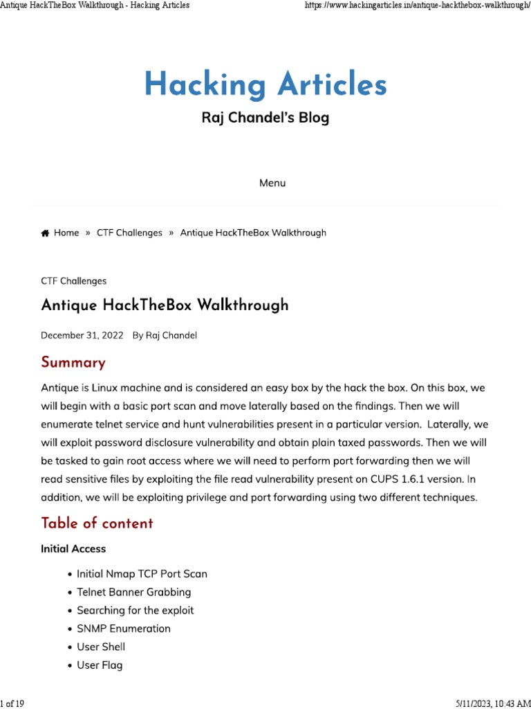 Antique HackTheBox Walkthrough PDF | PDF | Cyberspace | Security ...