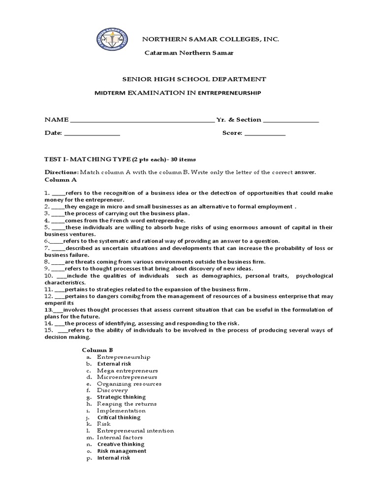 Midterm ENTREP TEST QUESTIONS | PDF | Entrepreneurship | Cognition