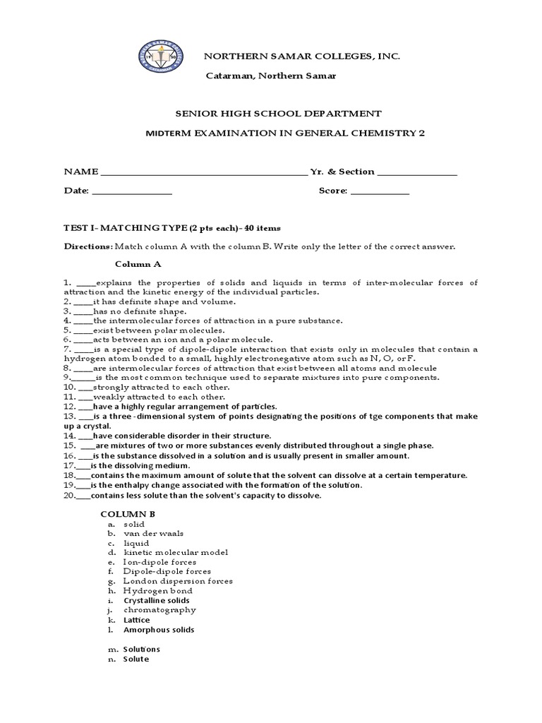 General Chemistry 2 Midterm Exam | PDF | Intermolecular Force | Solvation