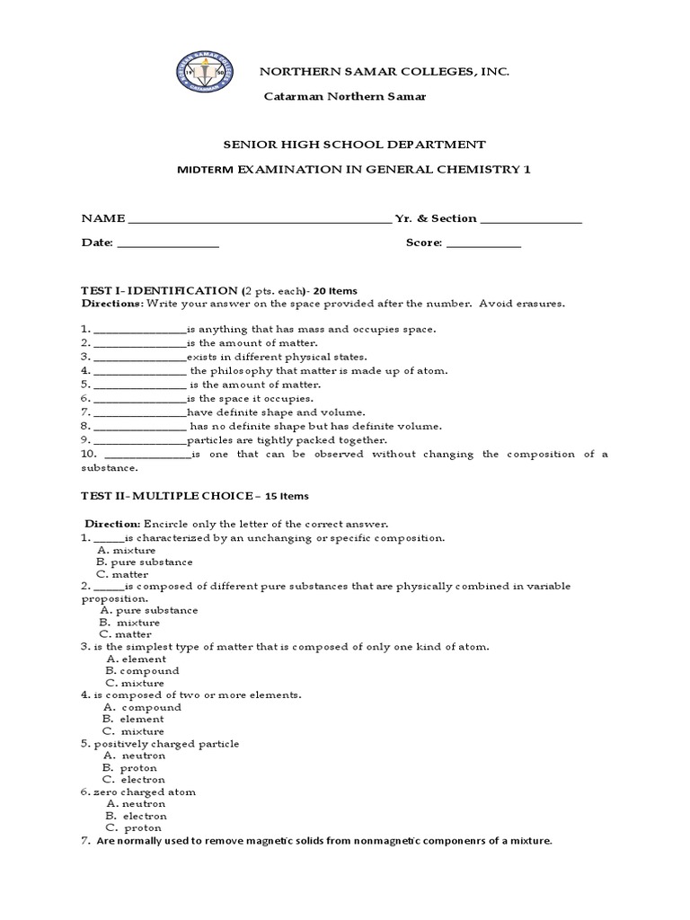 SHS Chemistry Midterm Exam | PDF