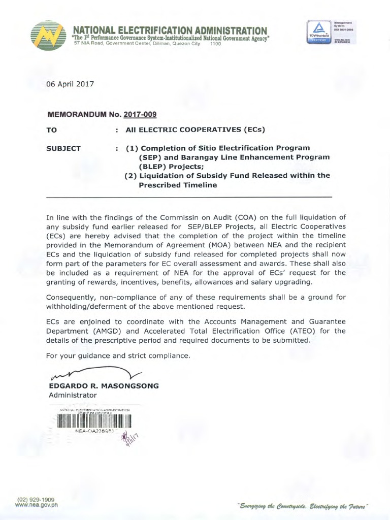 NEA Memo To ECs No. 2017-009 - Completion of SEP and BLEP Projects ...