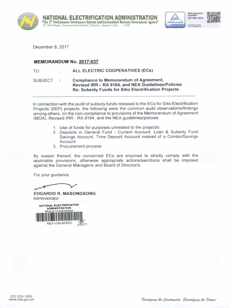 NEA Memo To ECs No. 2017-037 - Compliance To Memorandum of Agreement ...