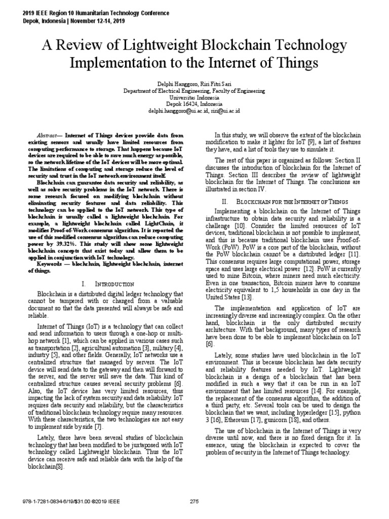 A Review of Lightweight Blockchain Technology Implementation To The Internet of Things PDF | PDF