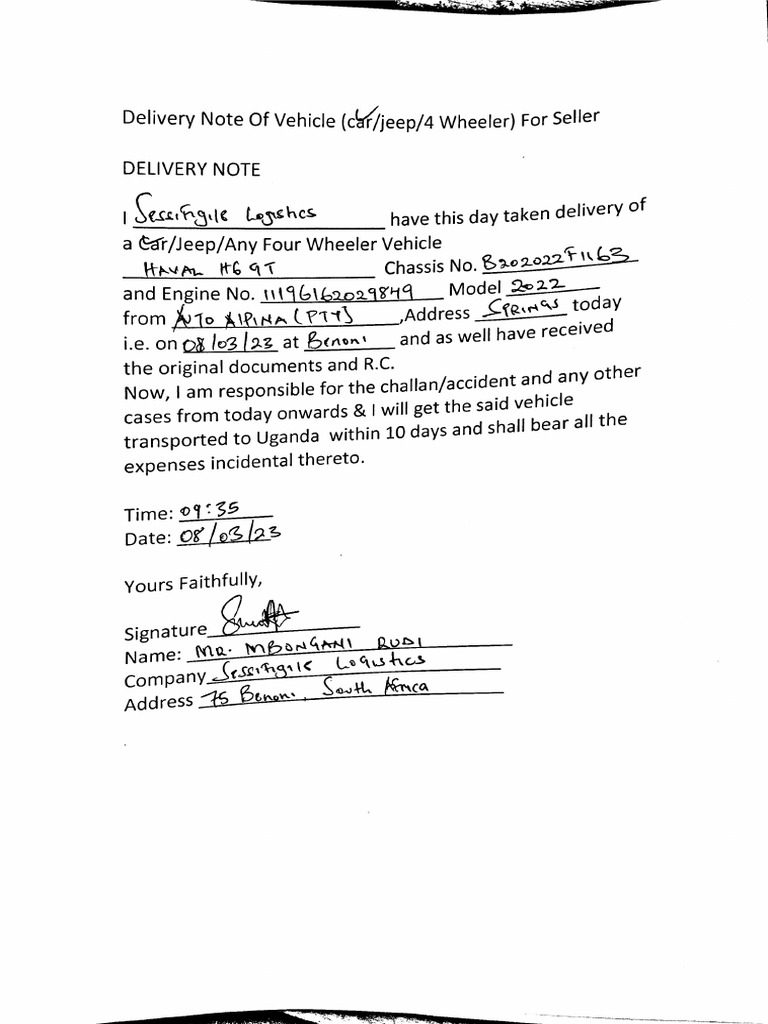 Delivery Note of Haval h6 | PDF