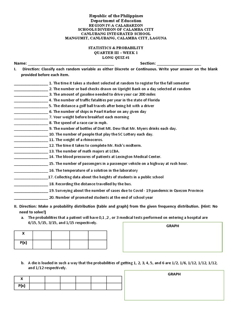3rd-Stat&prob - Long Q1 | PDF | Probability | Probability Distribution