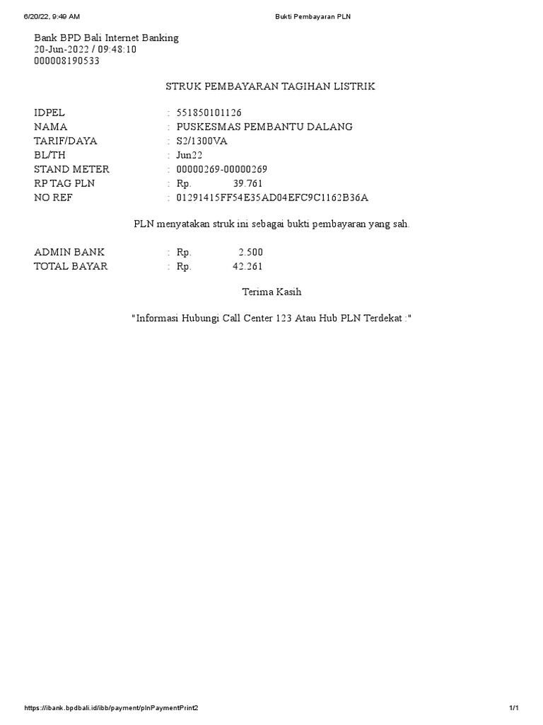 Bukti Pembayaran PLN DALANG JUNI | PDF