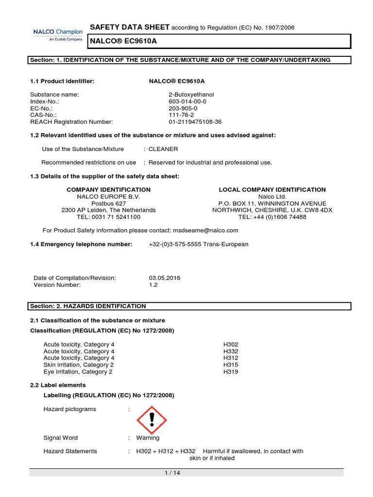 B.6 Nalco© EC9610A | PDF | Dangerous Goods | Toxicity
