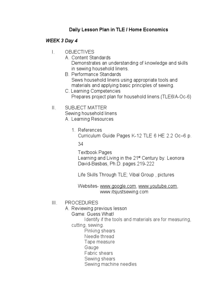 DLP-TLE6-HE Week 3 Day 4 & 5 | PDF | Sewing | Pillow