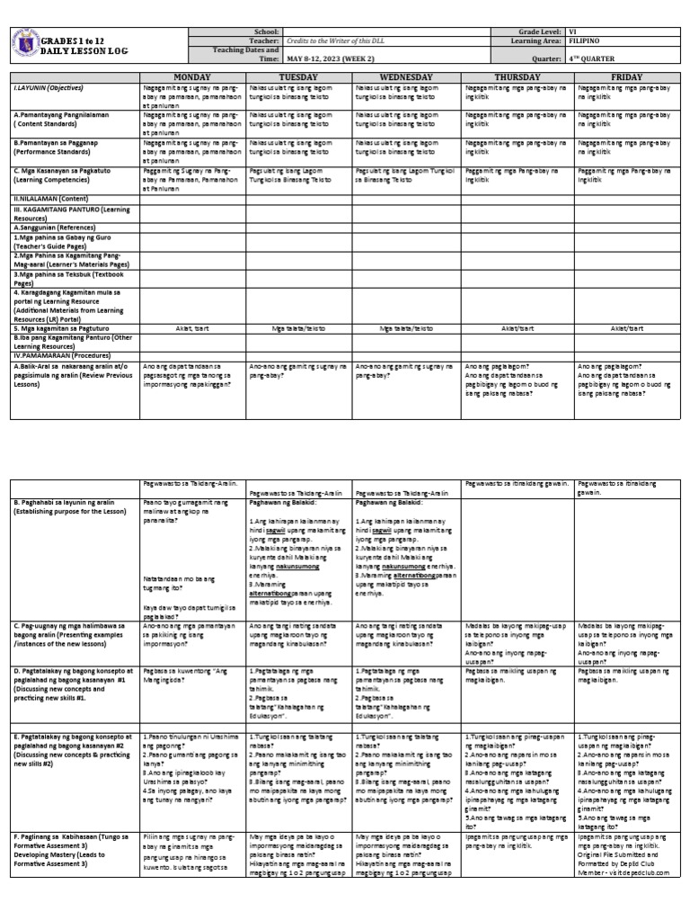 DLL - Filipino 6 - Q4 - W2 | PDF
