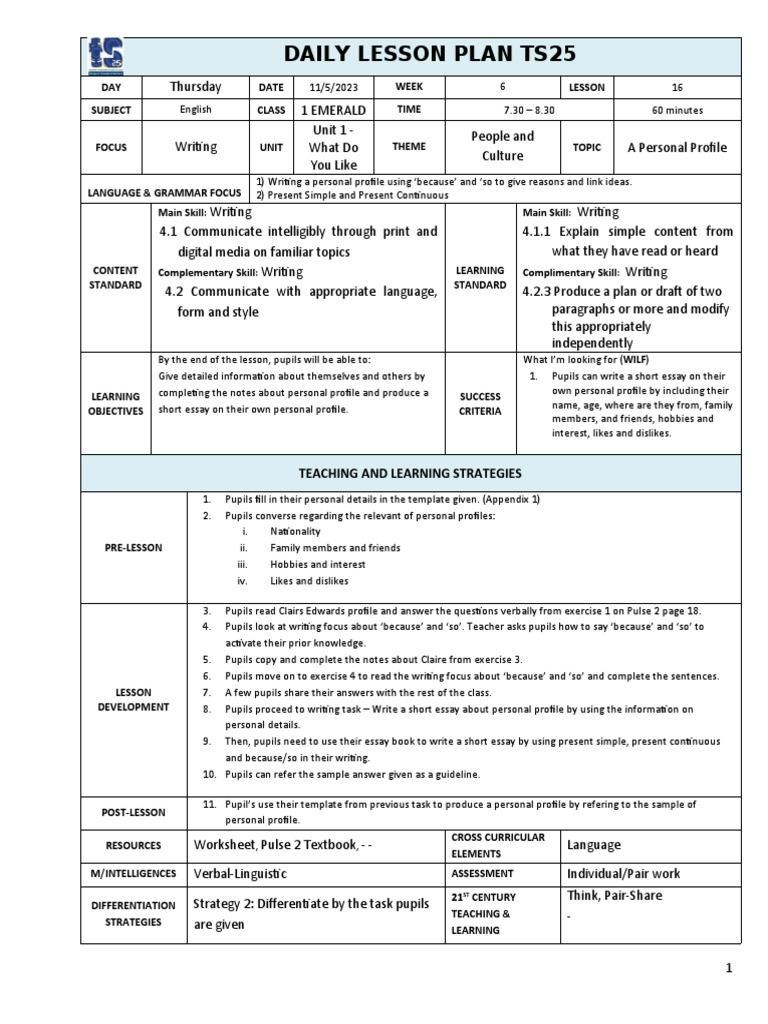 FORM 2 ENGLISH Lesson 16 Writing - A Personal Profile | PDF | Lesson Plan | Communication
