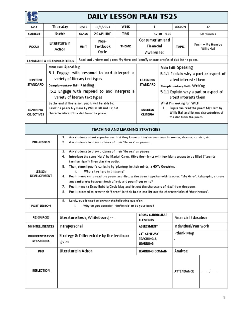 ENGLISH FORM 2 Lesson 17 LiA2 - Poem My Hero | PDF