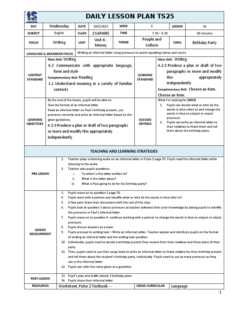 ENGLISH FORM 2 Lesson 16 | PDF | Lesson Plan | Teachers