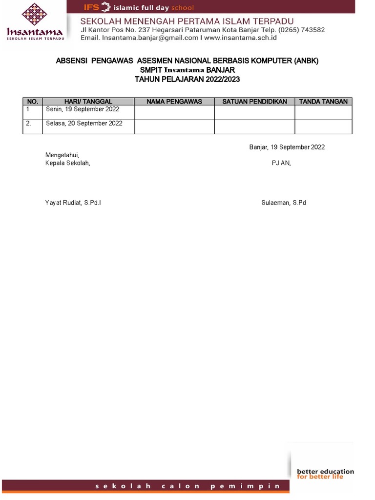 Absensi Pengawas Anbk Dan Panitia Anbk | PDF