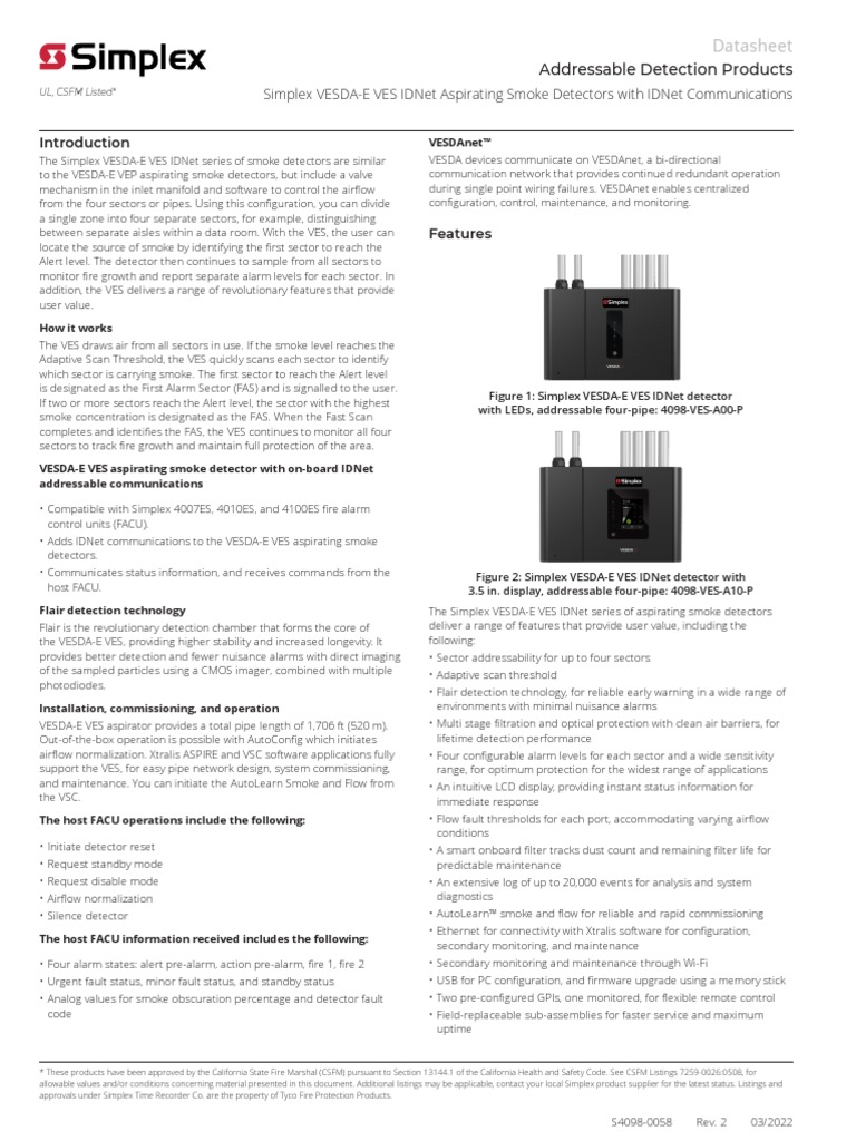 Simplex Vesda-E Ves Idnet Aspirating Smoke Detectors With Idnet ...