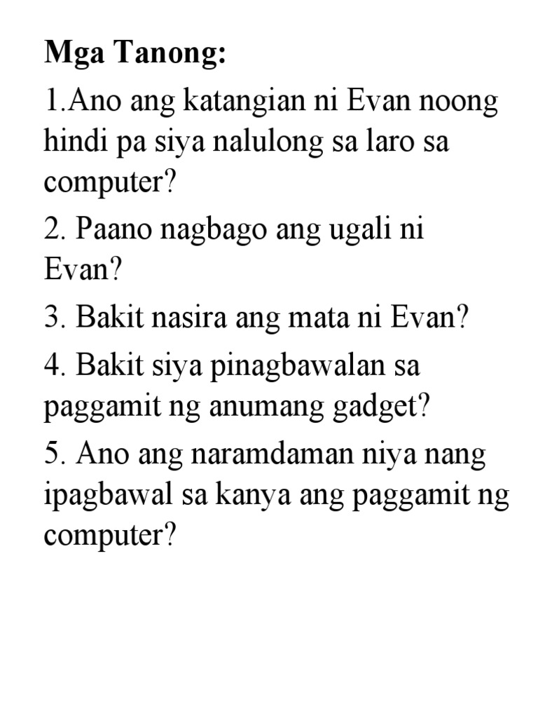 Mga Tanong Batay Sa Kwento | PDF