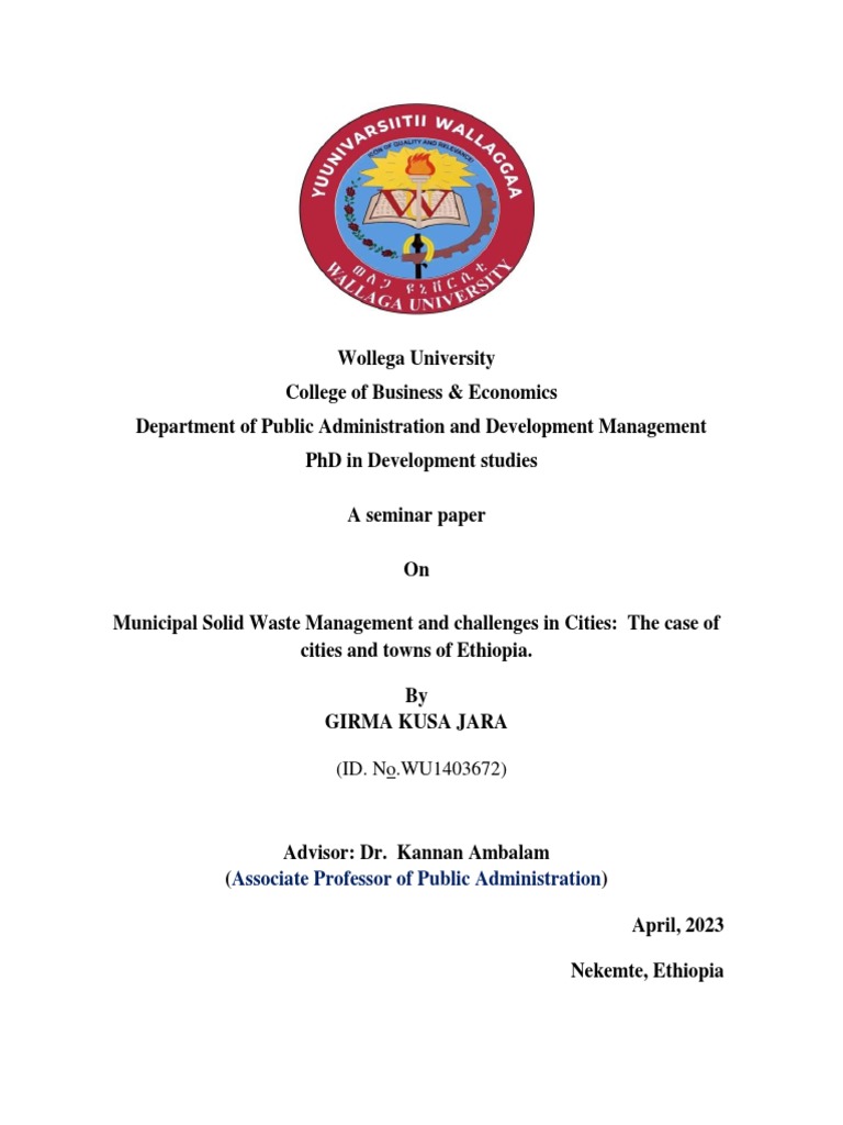 Seminar Paper On Solid Waste Management in Ethiopia | PDF | Municipal Solid Waste | Waste