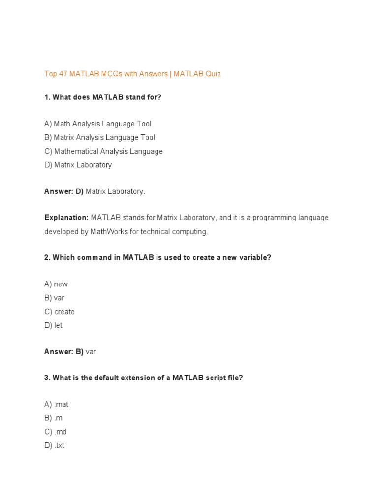 Top-47-MATLAB-MCQs-with-Answers | PDF | Matlab | Matrix (Mathematics)