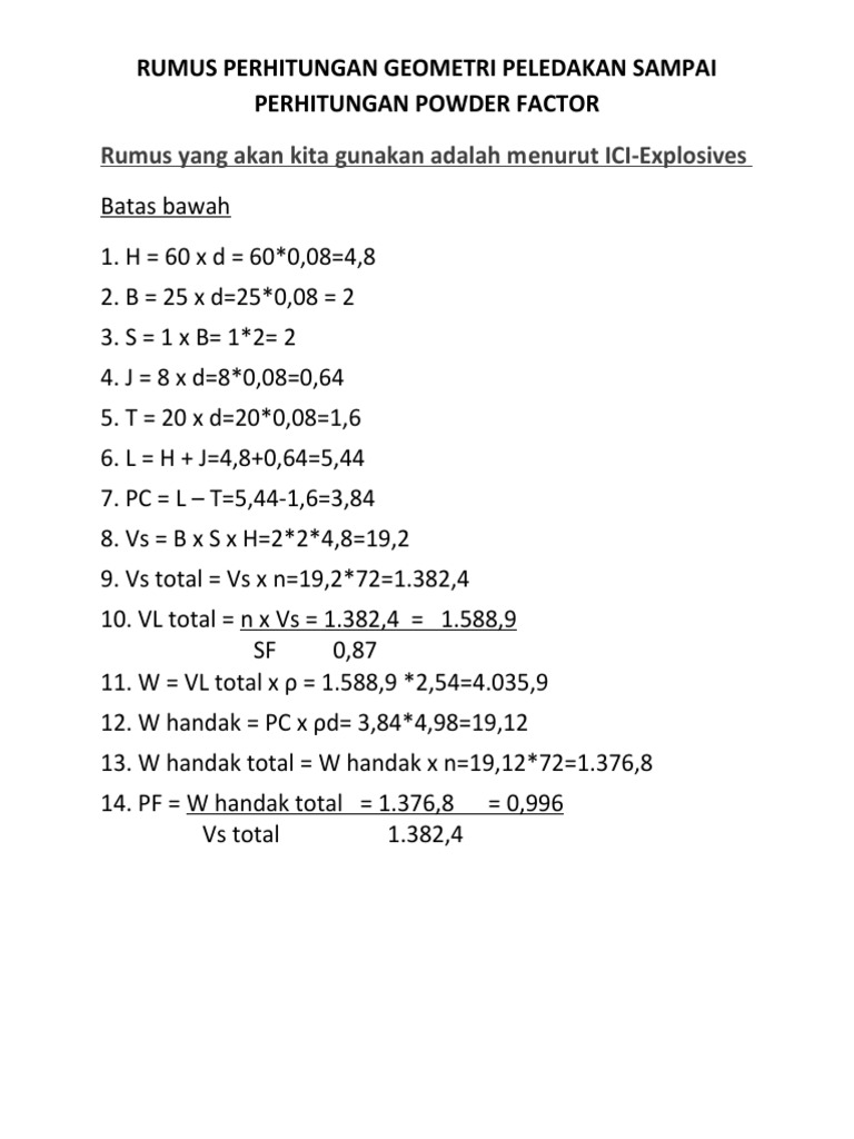 Rumus Perhitungan Geometri Peledakan Sampai Perhitungan Powder Factor | PDF