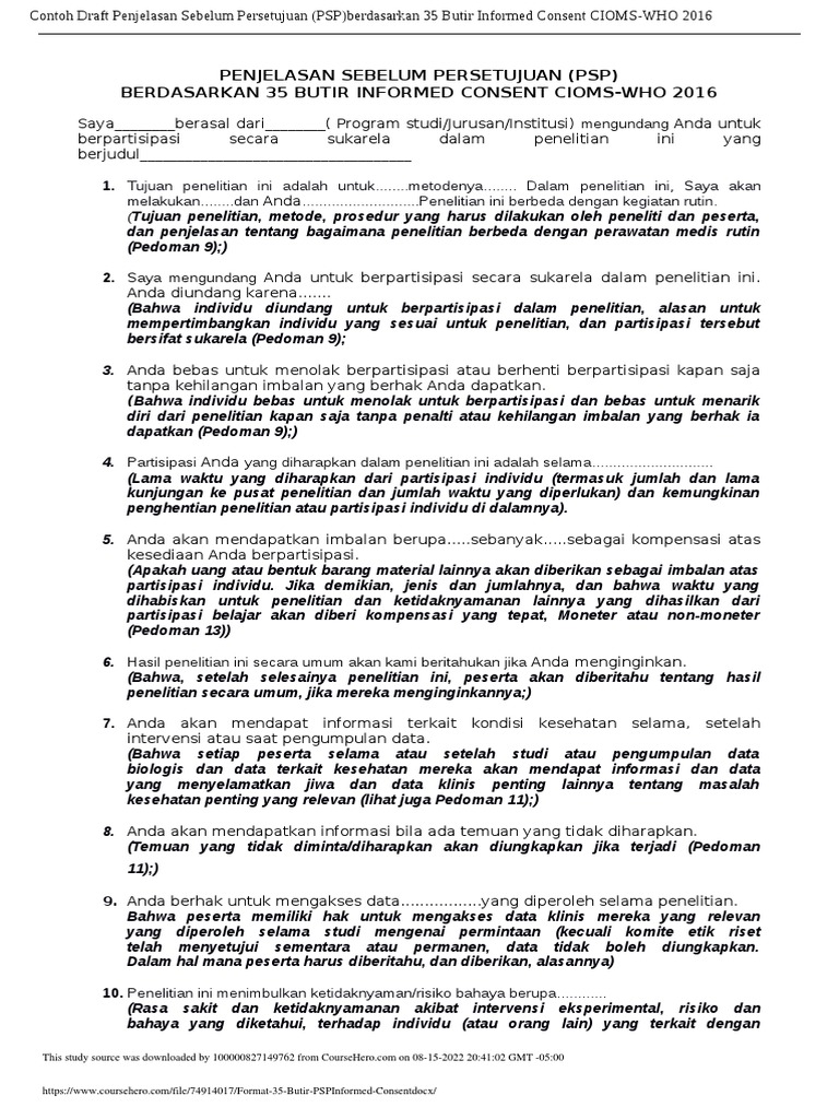 Contoh Format PSP Informed Consent 35 Butir | PDF