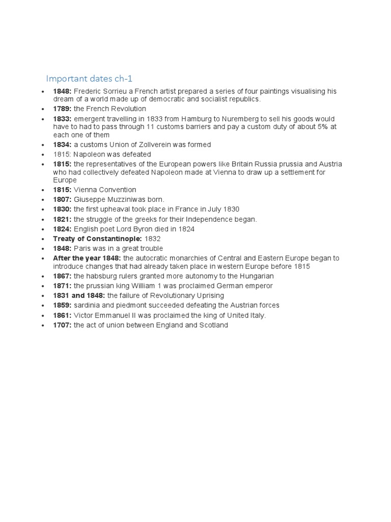 Important Dates For CH 1 History Grade 10 | PDF