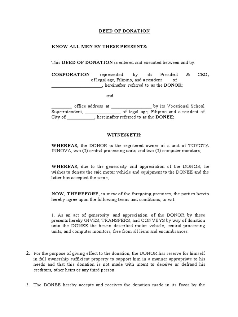 Deed of Donation - Sample | Download Free PDF | Deed | Law And Economics