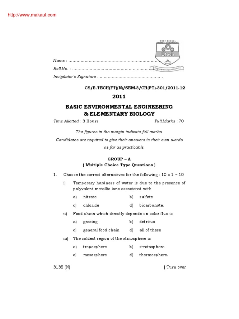 Btech FT 3 Sem Basic Environmental Engineering and Elementary Biology ...