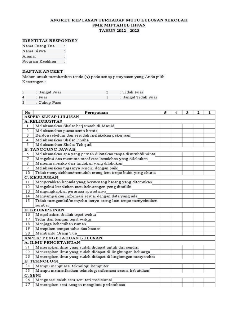 Angket Kepuasan Mutu Lulusan SMK 2023 | PDF