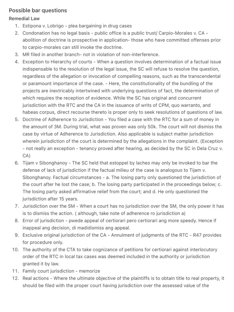 Possible Bar Questions | PDF | Certiorari | Jurisdiction