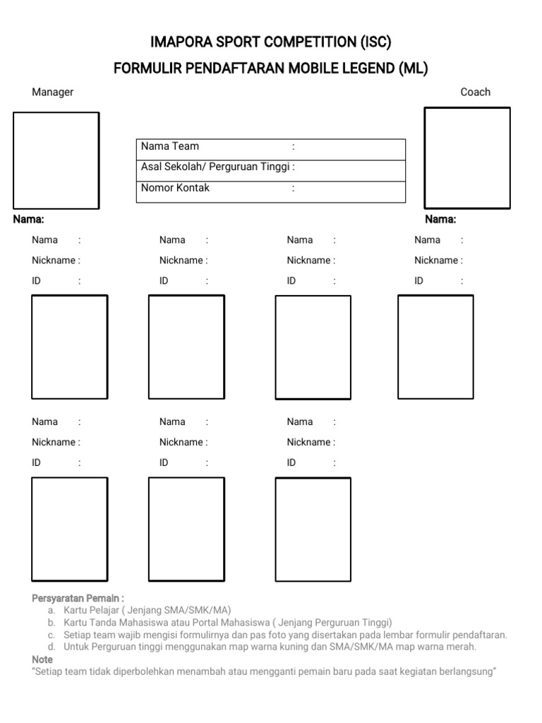 Formulir Pendaftaran Mobile Legend PDF | PDF Formulir Pendaftaran Mobile Legend PDF | PDF