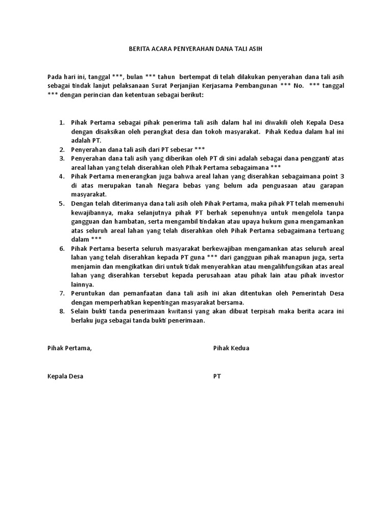 Draft Berita Acara Penyerahan Dana Tali Asih | PDF