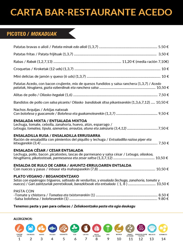 Carta Bar Restaurante Acedo 1 | PDF | ensalada | Alimentos