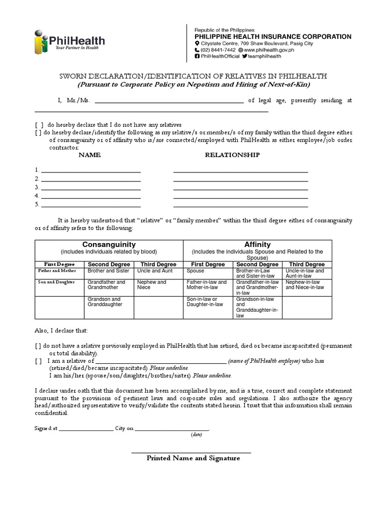 Sworn Declaration of Relatives in Phil Health 2023 | PDF
