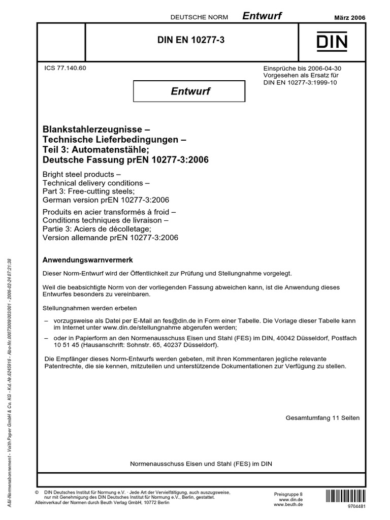 EN 10277-3 Prijedlog-Bright Steel Products - Technical Delivery Conditions-Free Cutting Steels ...
