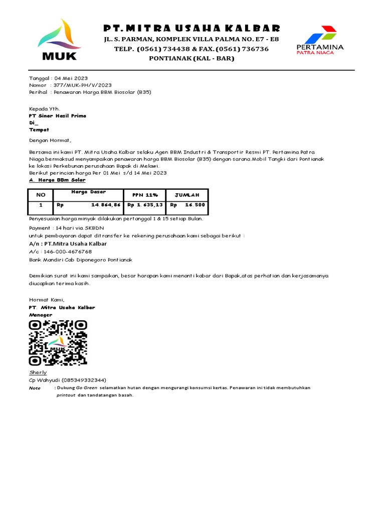 Penawaran Harga BBM Biosolar | PDF | Bisnis | Teknologi & Rekayasa