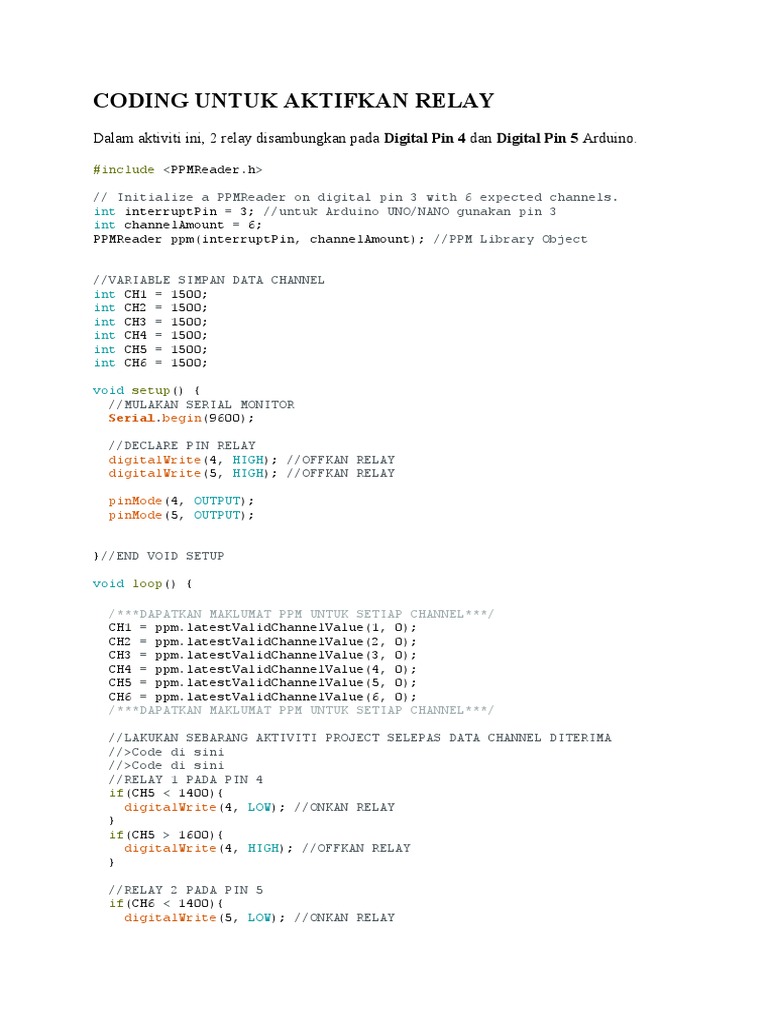 CODING UNTUK AKTIFKAN RELAY DENGAN ARDUINO | PDF