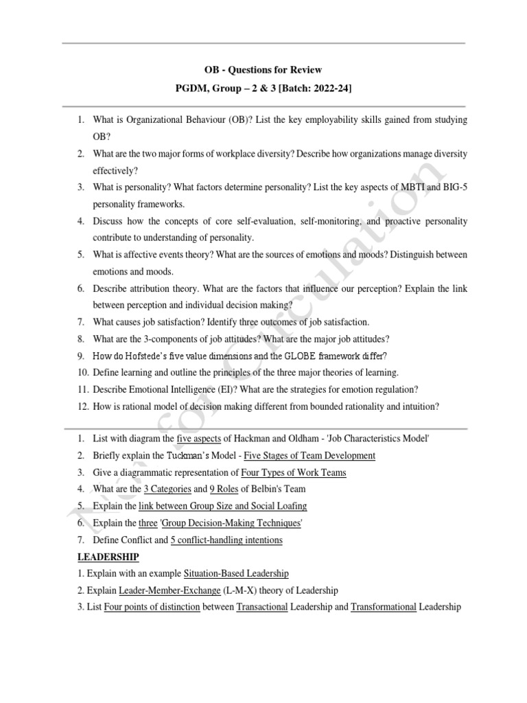 OB - Questions for Review [PGDM, 2022] | PDF | Job Satisfaction ...