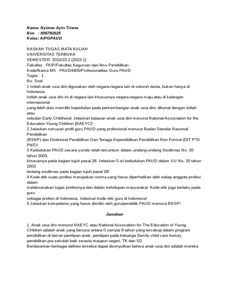 Tugas 1 PAUD4405 Nyimas Ayin Triana | PDF
