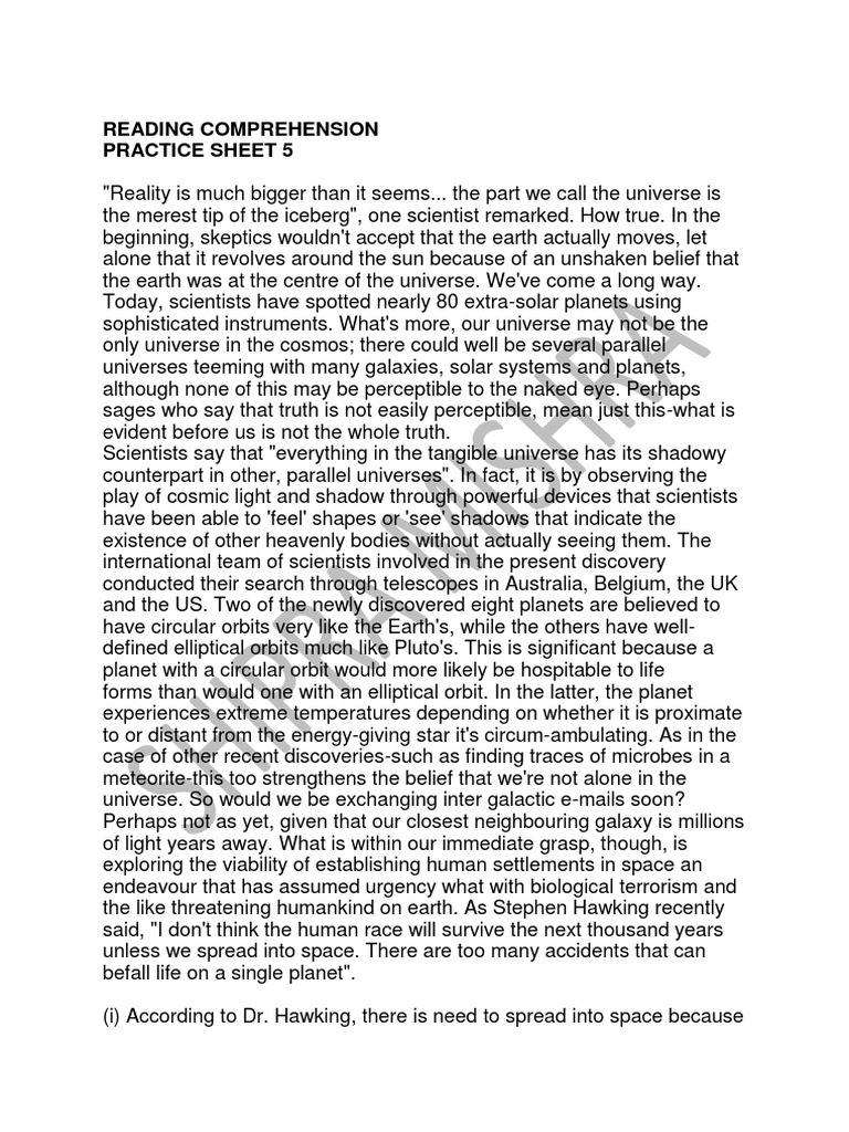 Reading Comprehension Practice Sheet 5 | PDF | Planets | Universe