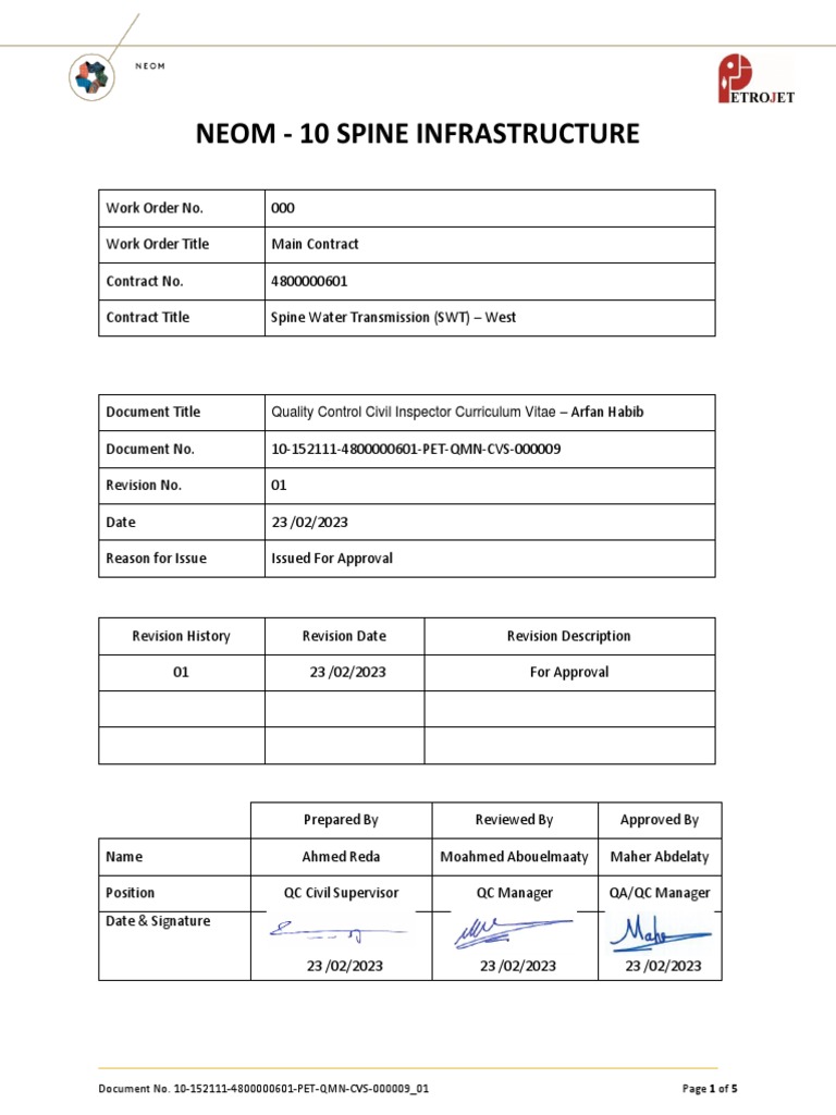 NEOM Approval for QC Inspector CV | PDF | Quality Assurance | Consultant