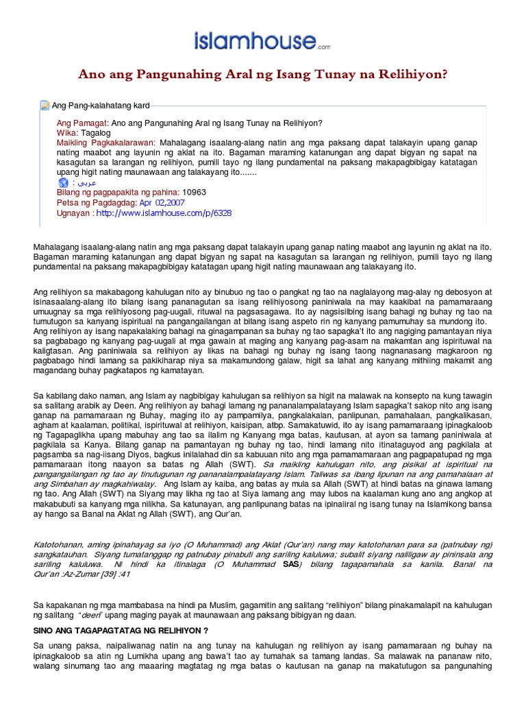 Ano Ang Pangunahing Aral NG Isang Tunay Na Relihiyon? | PDF