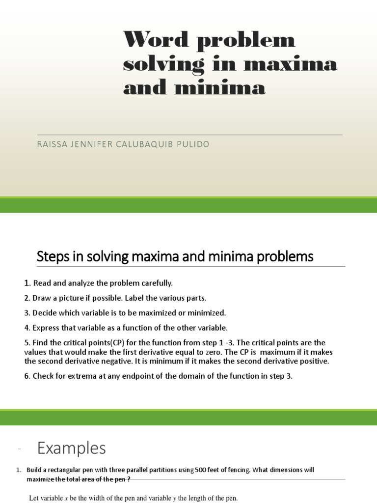 Maxima and Minima Problem Solving Guide | PDF | Maxima And Minima ...