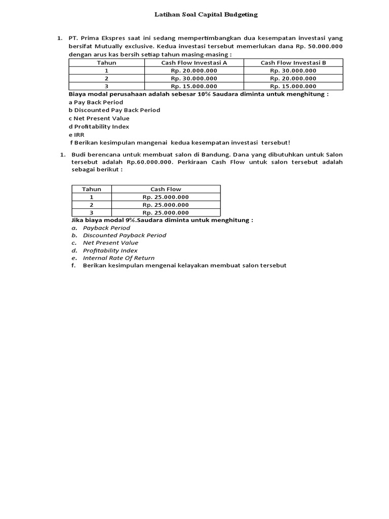 Latihan Soal Capital Budgeting 2023 | PDF