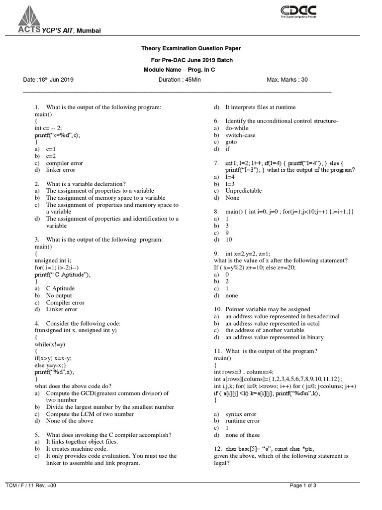 Pre Dac Practice Paper | PDF | Integer (Computer Science) | Computer Program