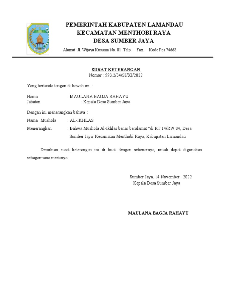 Surat Keterangan Domisili Mushola | PDF