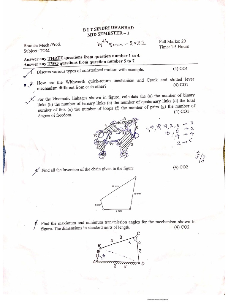 4th Sem (Mechanical Engineering) Mid Sem 1 Questions | PDF