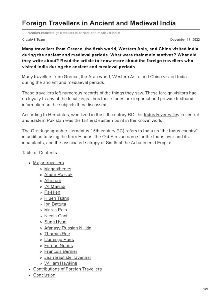 Foreign Travellers in Ancient and Medieval India. | PDF | Asia