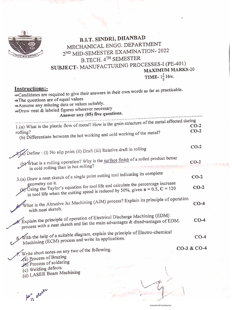 4th Sem (Mechanical Engineering) Mid Sem 2 Questions | PDF