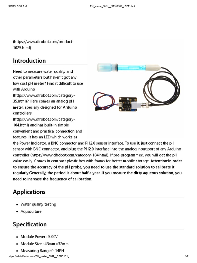 PH Meter SKU SEN0161 - DFRobot | PDF | Ph | Calibration