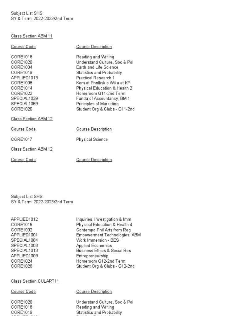 SHS 2nd Semester Subject List 2022-2023 | PDF | Science