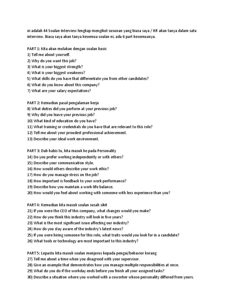ni adalah 44 Soalan Interview lengkap mengikut susunan.docx | PDF | Communication ...